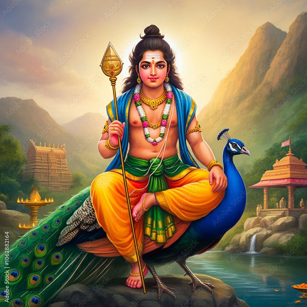 Illustration of Lord Murugan seated with his Vel and peacock in a ...
