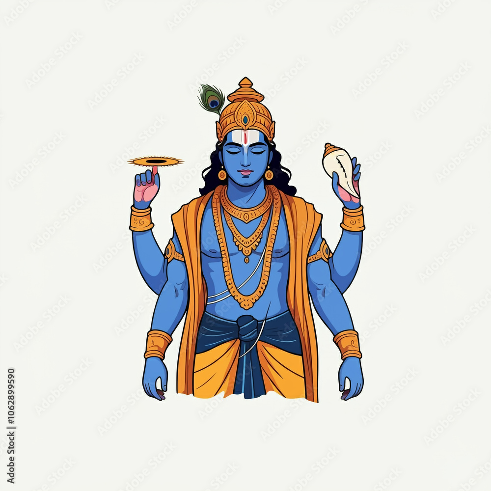 A portrayal of Lord Vishnu with his hands raised, wearing a crown and ...