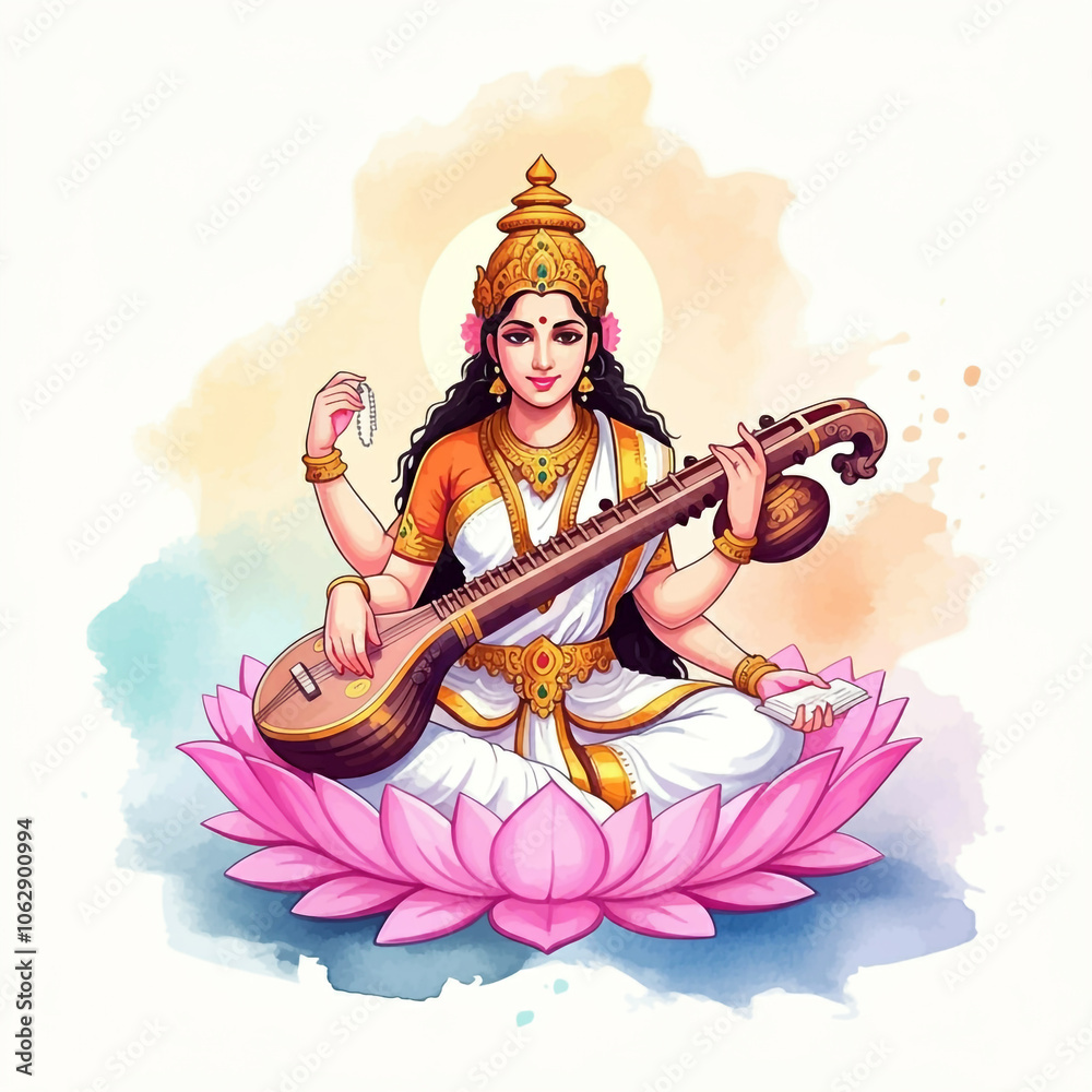 Beautiful depiction of Goddess Saraswati on a lotus, playing the veena ...