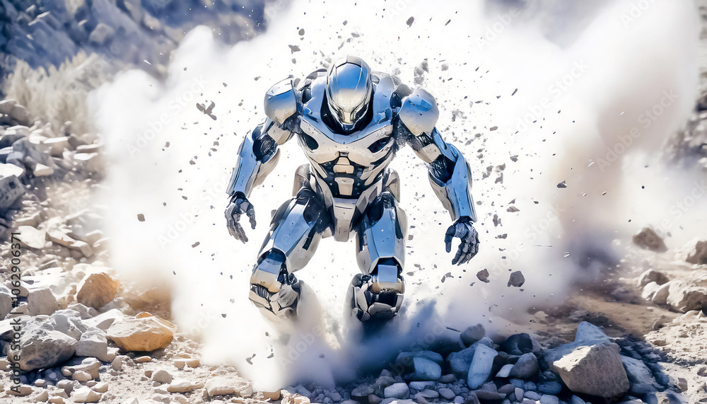 Abstract astronaut, alien, robot in armored spacesuit in action. Starship troopers, star wars ...