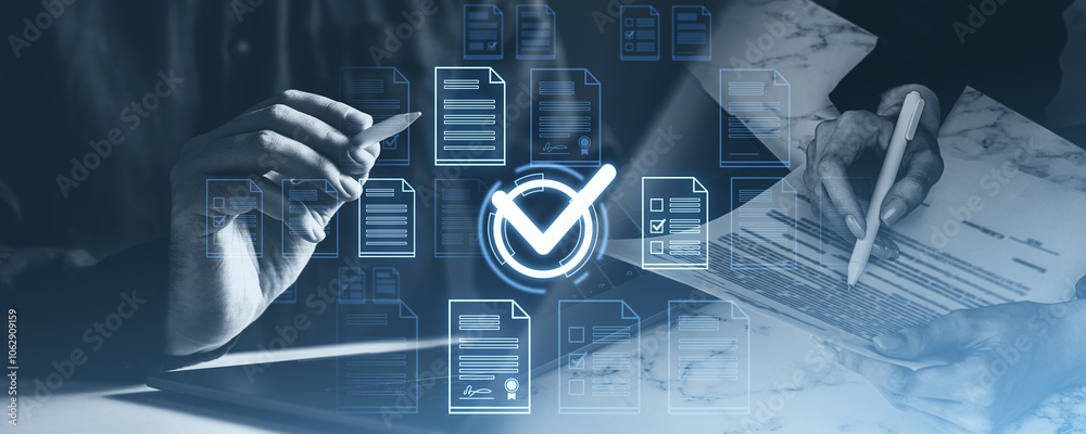 Hands with stylus reviewing documents, digital checkmarks overlay. Blue-toned style, business ...