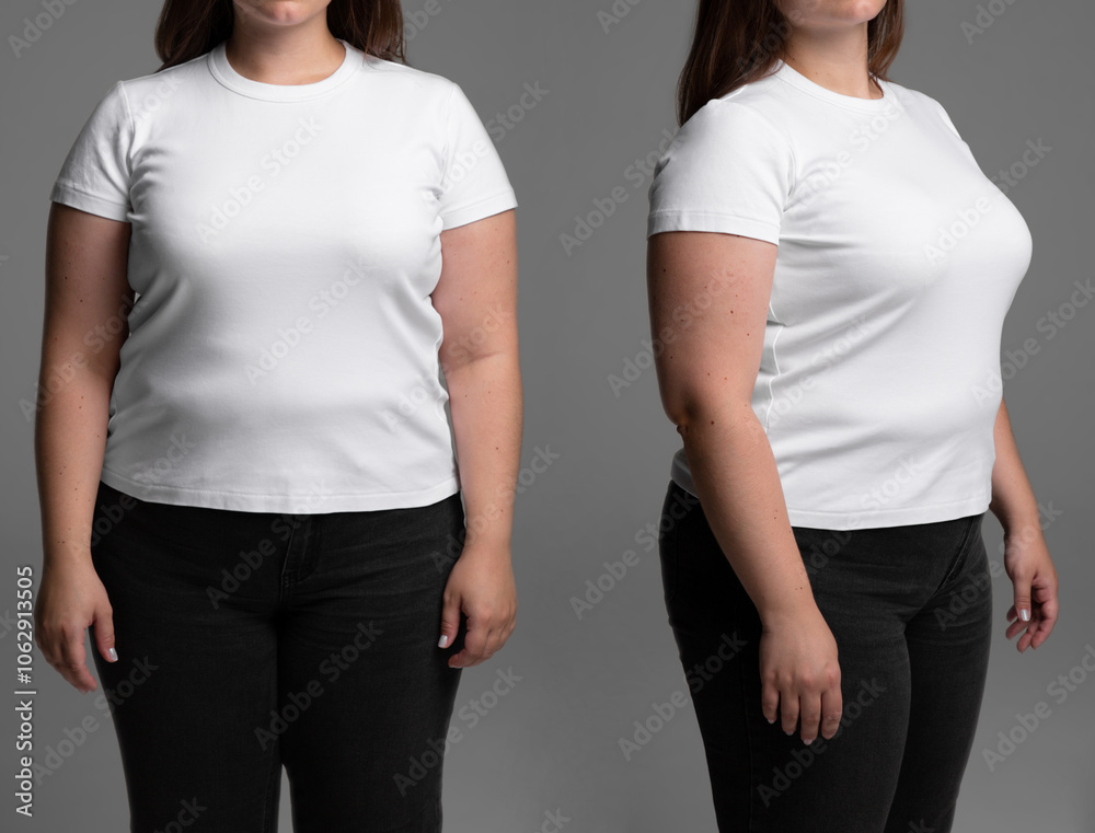 Plus size model on grey background with no face. Young female in blank ...