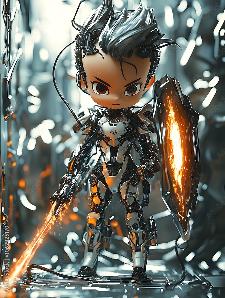 Cyberpunk Chibi Warrior with Shield and Sword Stock Illustration ...