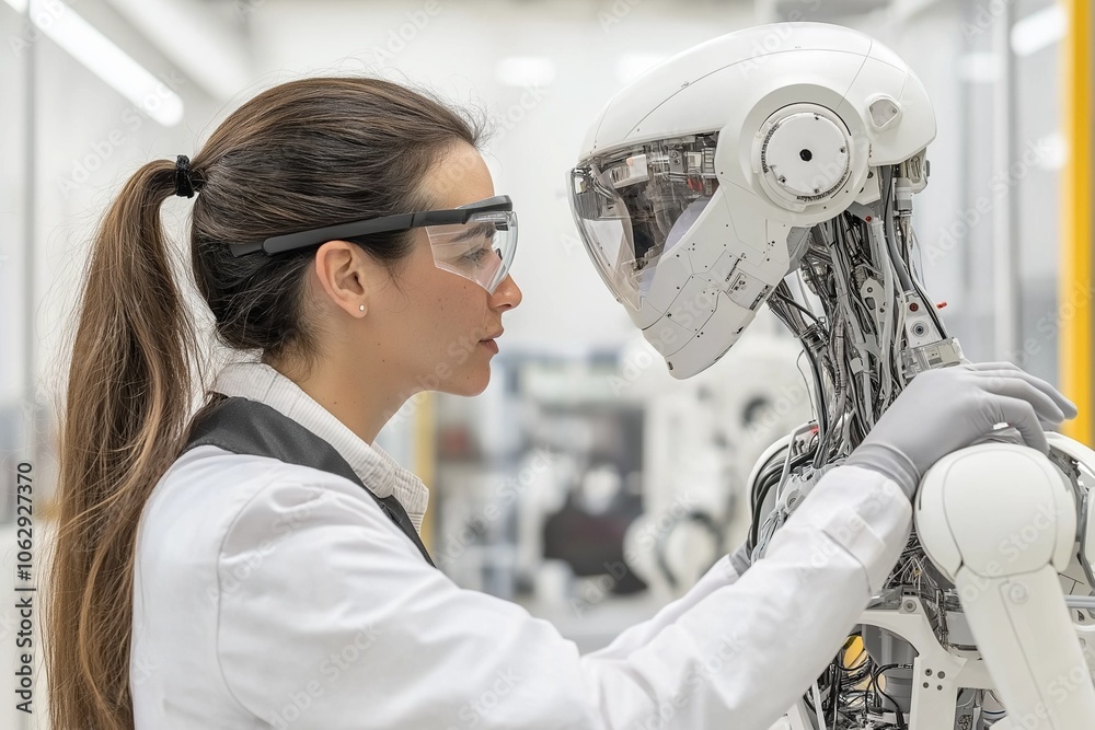 In a clean room environment, a female robotics engineer carefully tests ...