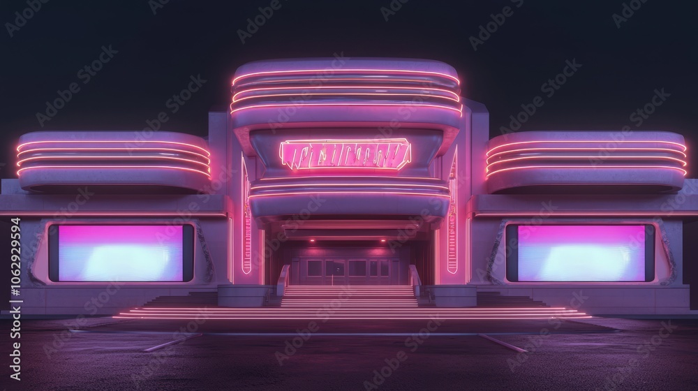 Futuristic Neon Cinema: 3D Render of an Ultra-Detailed Retro Film Hub ...