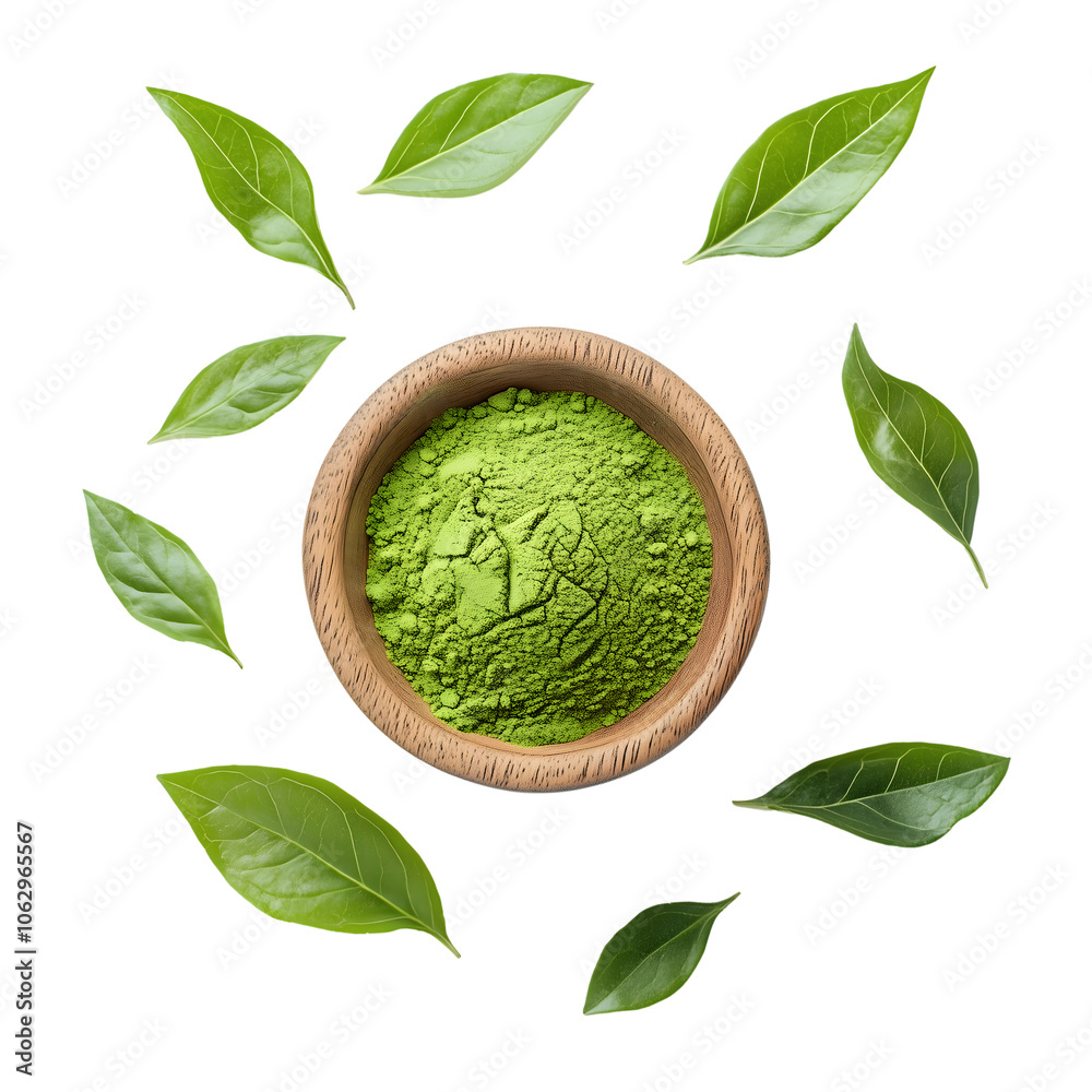 wooden bowl with ground Green tea powder and leaves isolated on ...