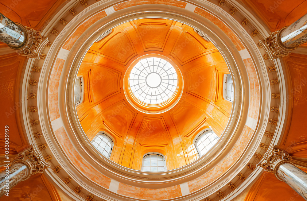 interior photo of the dome ceiling in orange color with circular ...