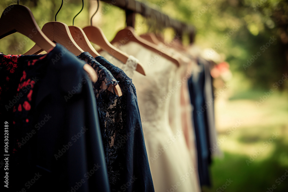 Row of hanging wedding dresses and suits on hangers outdoors in soft ...