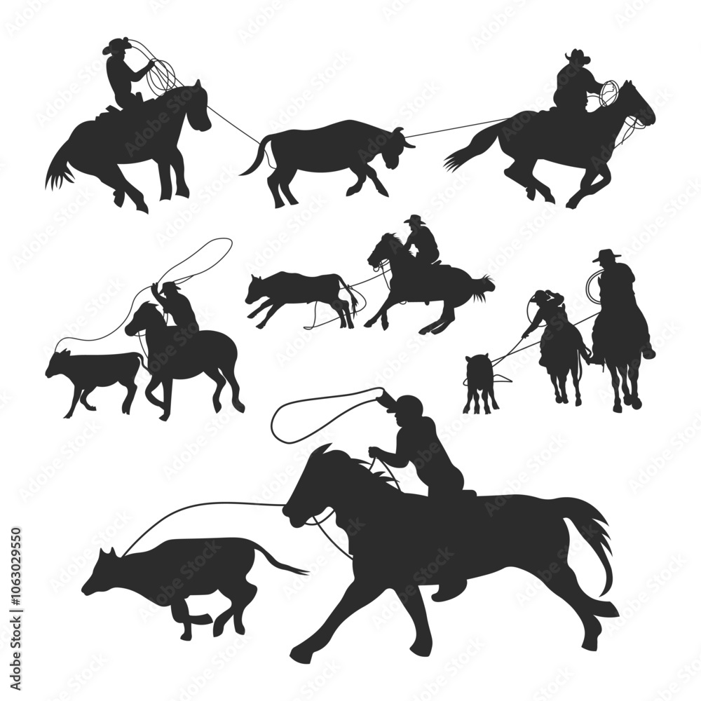 Team Roping Rodeo Ranch vector Silhouette, Team roping Clipart, Cattle ...