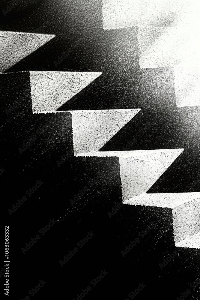 Black and white geometric composition in the form of stepped zig-zag shapes reminiscent of a ...