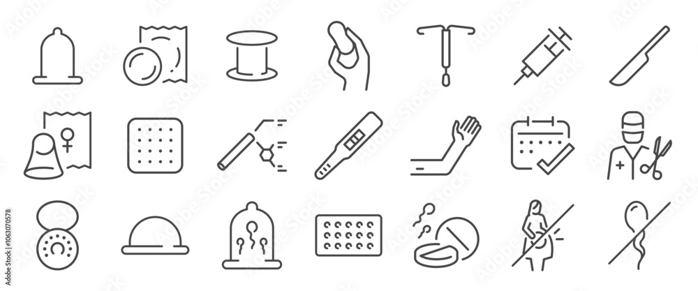 Birth control method icon set. It included contexts such as condoms ...