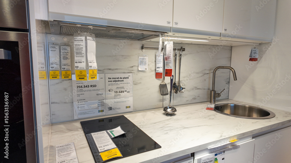 Modern kitchen countertop display featuring elegant marble design and ...