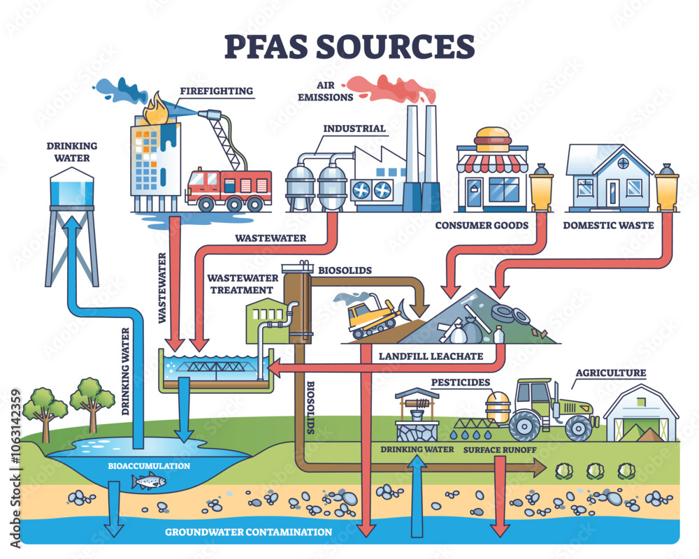 PFAS sources diagram shows industrial emissions, consumer goods, and ...