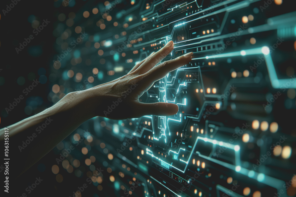 Human hand touching screen chatbot technology AI smart devices cyber security and future ...