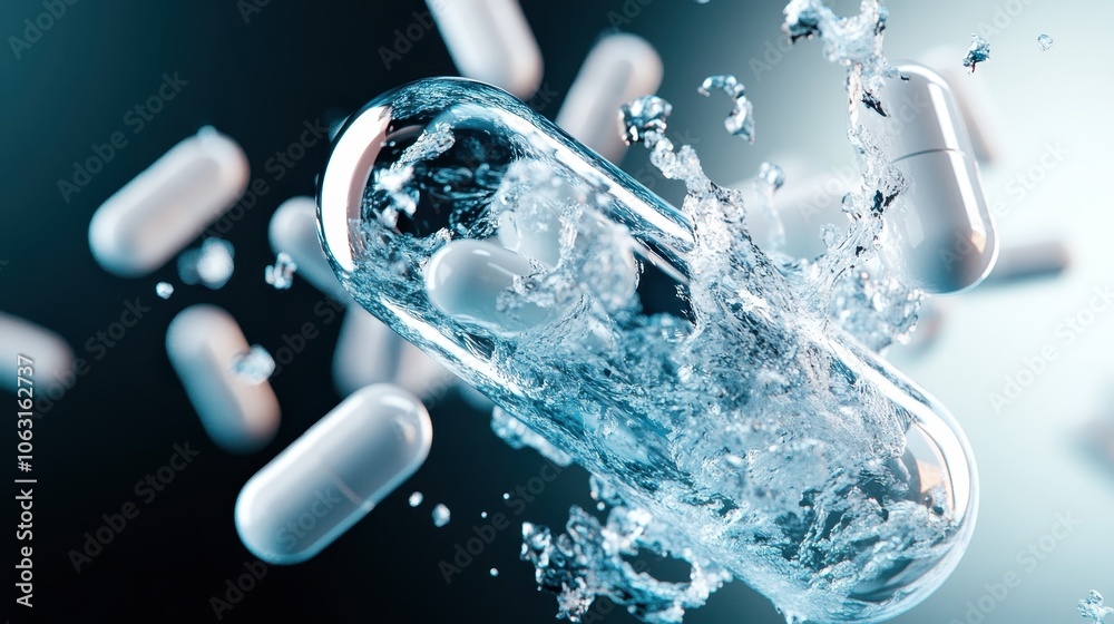 A striking image showing a transparent pill capsule dissolving in water ...