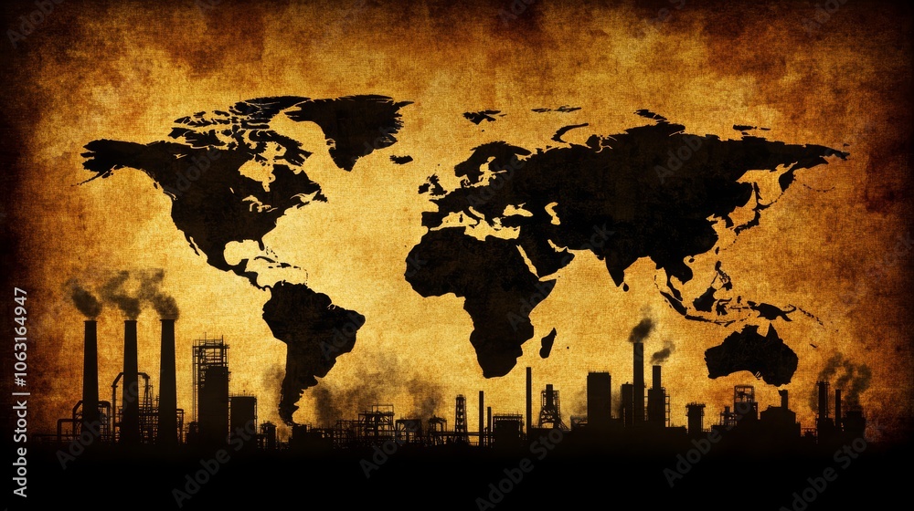 Global manufacturing and industry, world map with factory background ...