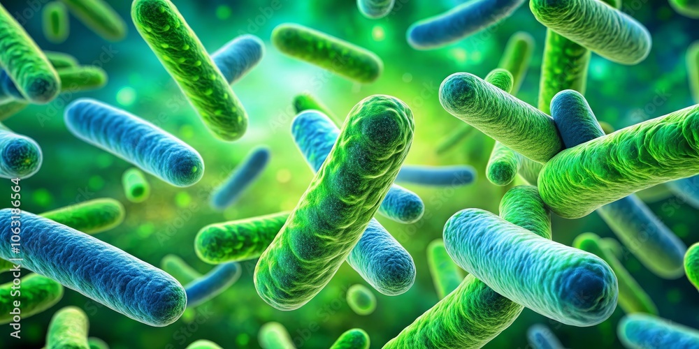 Microscopic View of Rod-Shaped Bacteria Green and Blue, 3D Rendering ...