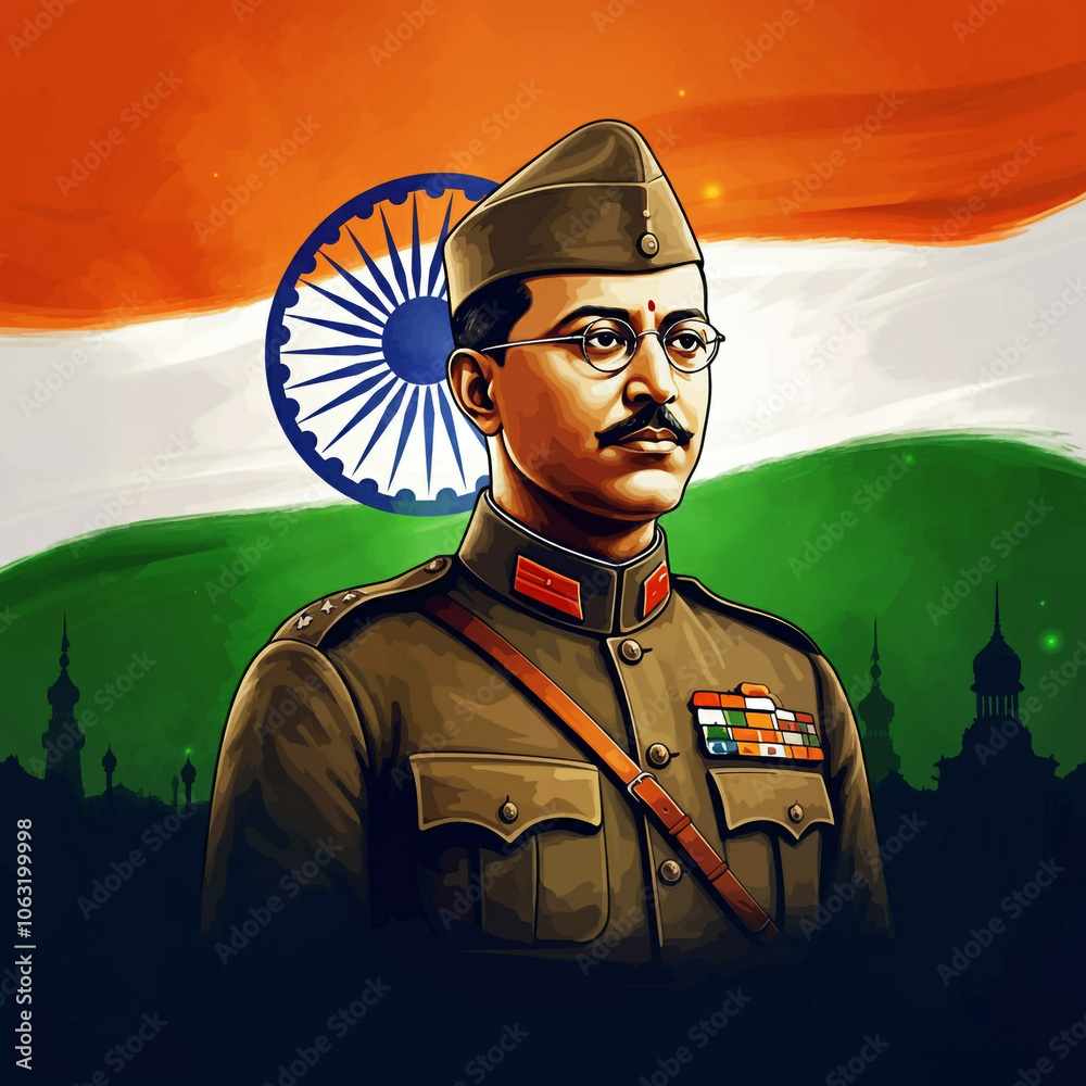 Tribute to Netaji Subhas Chandra Bose, a prominent Indian freedom fighter, symbolizing ...