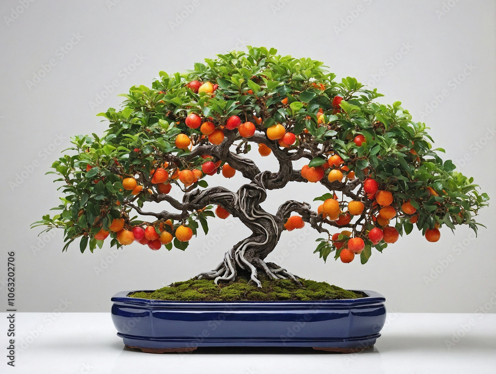 An elegantly shaped bonsai tree with clusters of ripe, glossy fruits ...