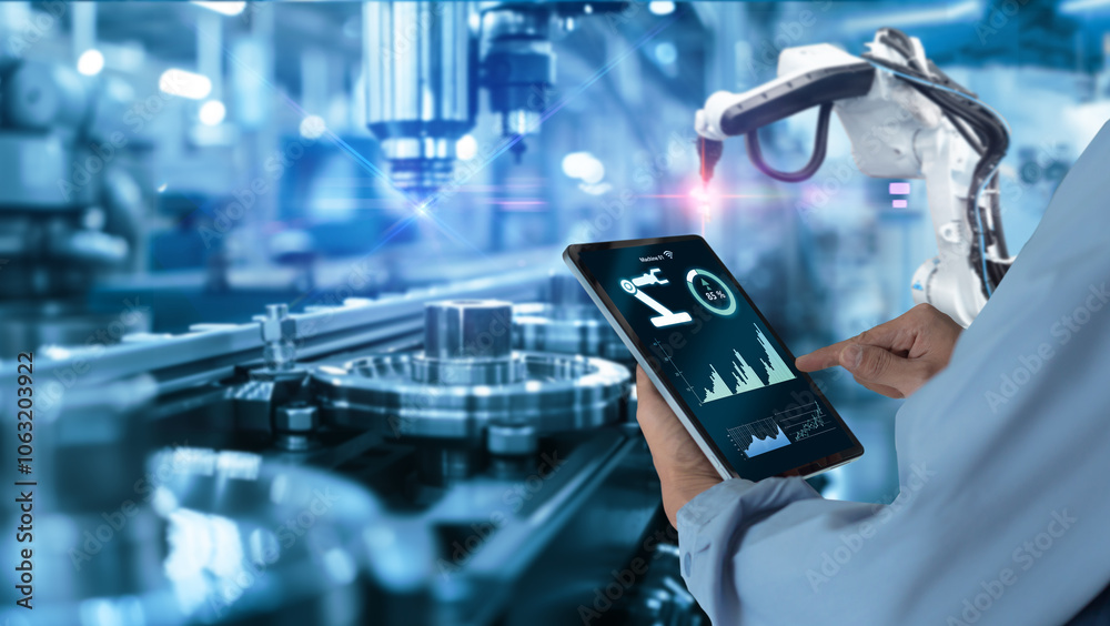 Smart industry automation manufacturing control concept.Hands holding ...