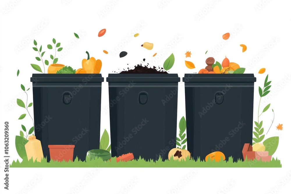 Food waste reduction concept with compost bins and tips for repurposing ...