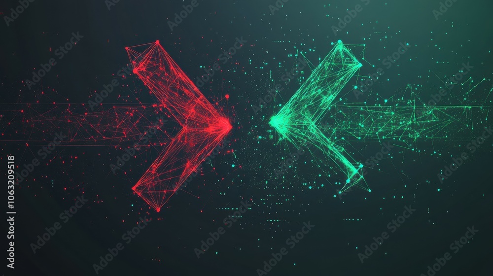 Abstract digital two left-right arrows with green and red color shapes ...