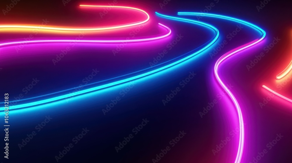 colorful neon curvy line with loops glowing in the dark. Minimalist ...