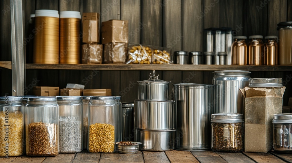Packaging materials displayed, including different types of metals used ...