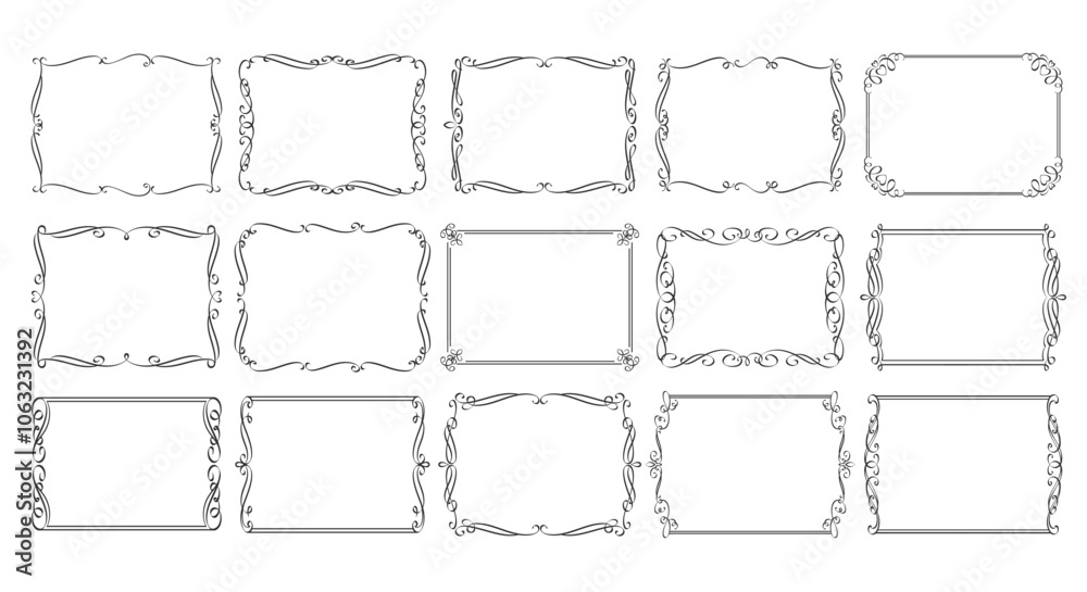 Vintage rectangular frame borders set. Outline hand drawn flourish boarder line icons ...