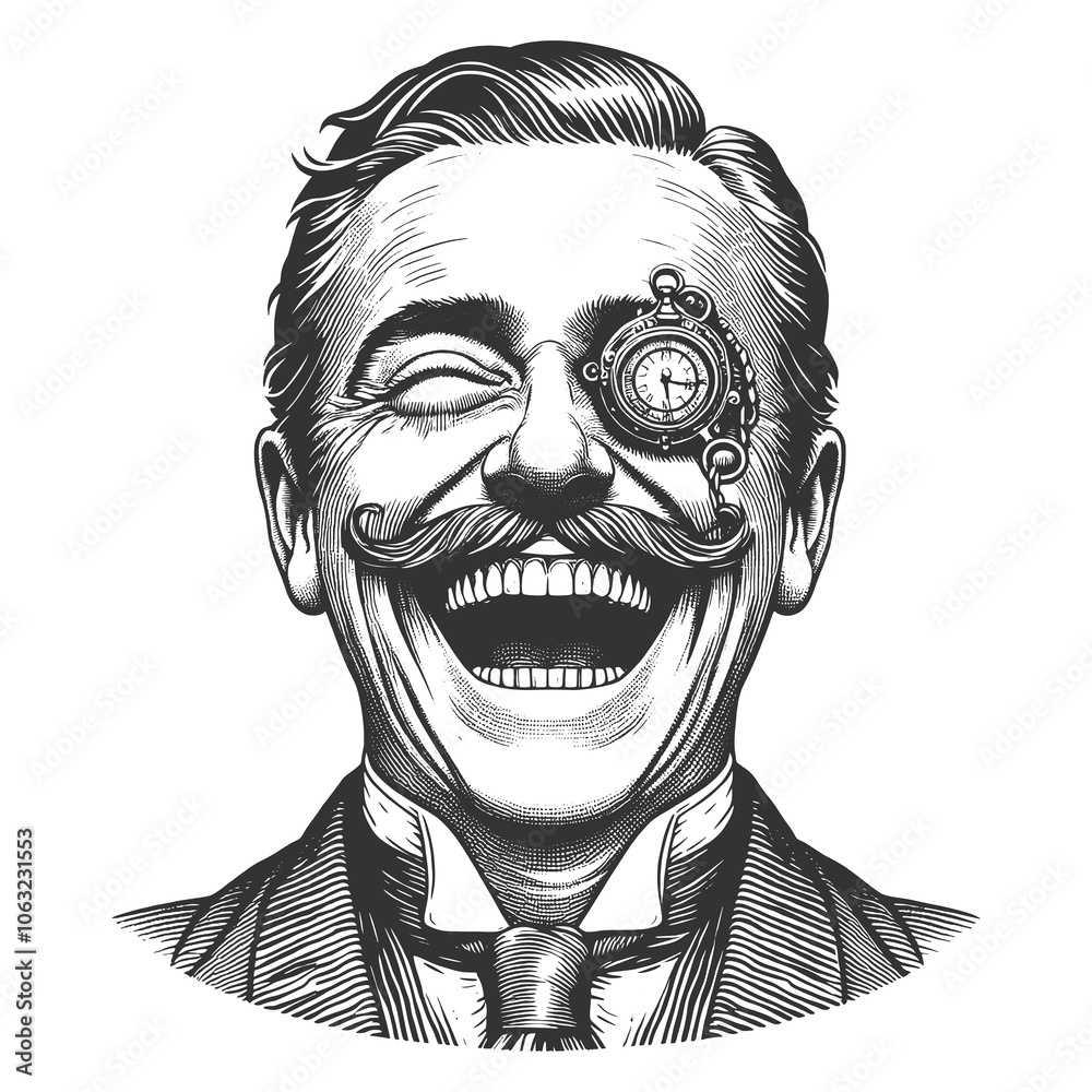 bearded, smiling man wearing a clock-themed monocle, combining quirky ...
