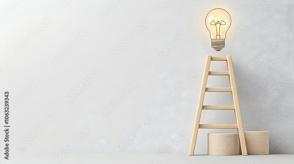 Ladder leading up to a bright light bulb at the top representing the ...