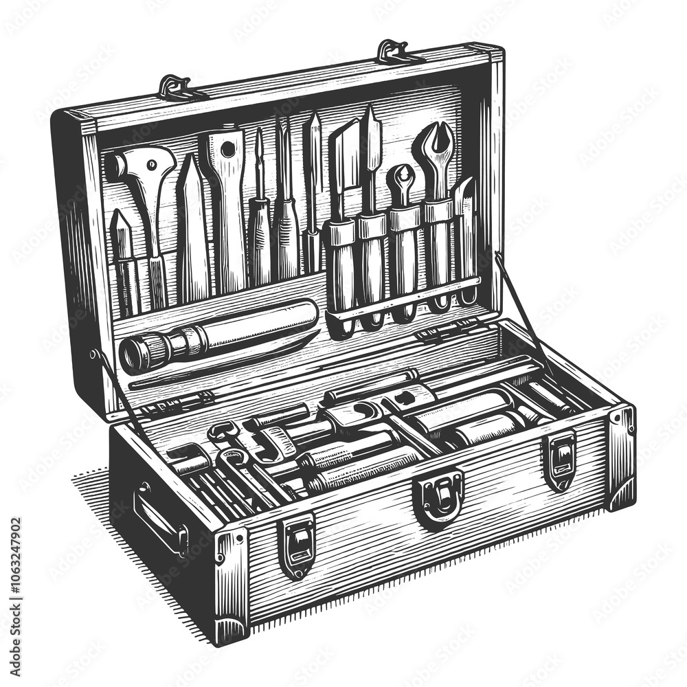 open toolbox, displaying a range of mechanical tools in a striking ...