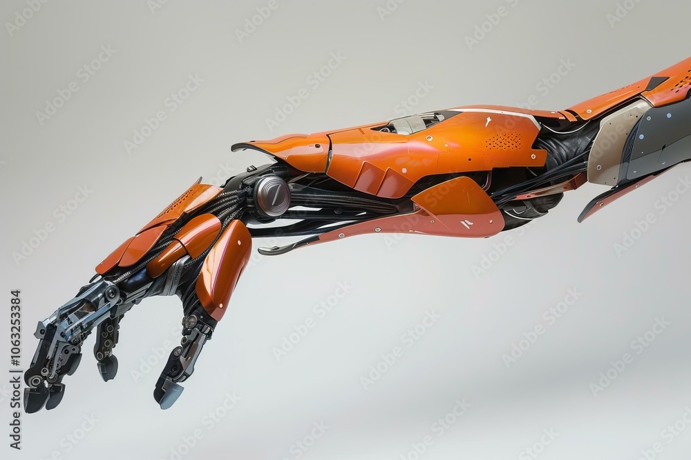 Orange robotic arm is reaching out, showcasing its intricate design and ...