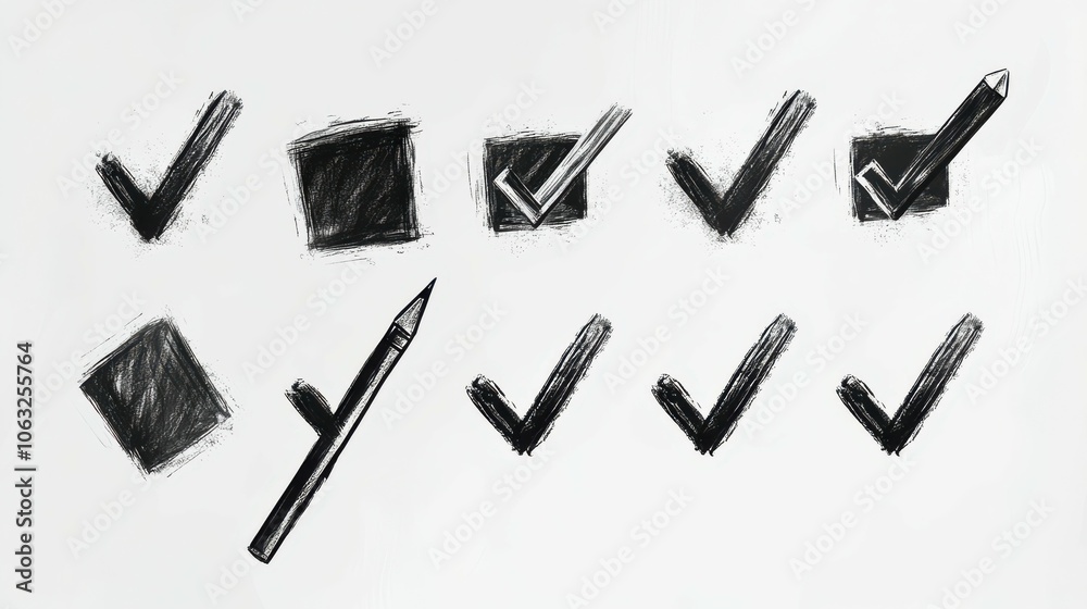 Doodle chalk check mark set. Black charcoal pencil check boxes, sketch ...