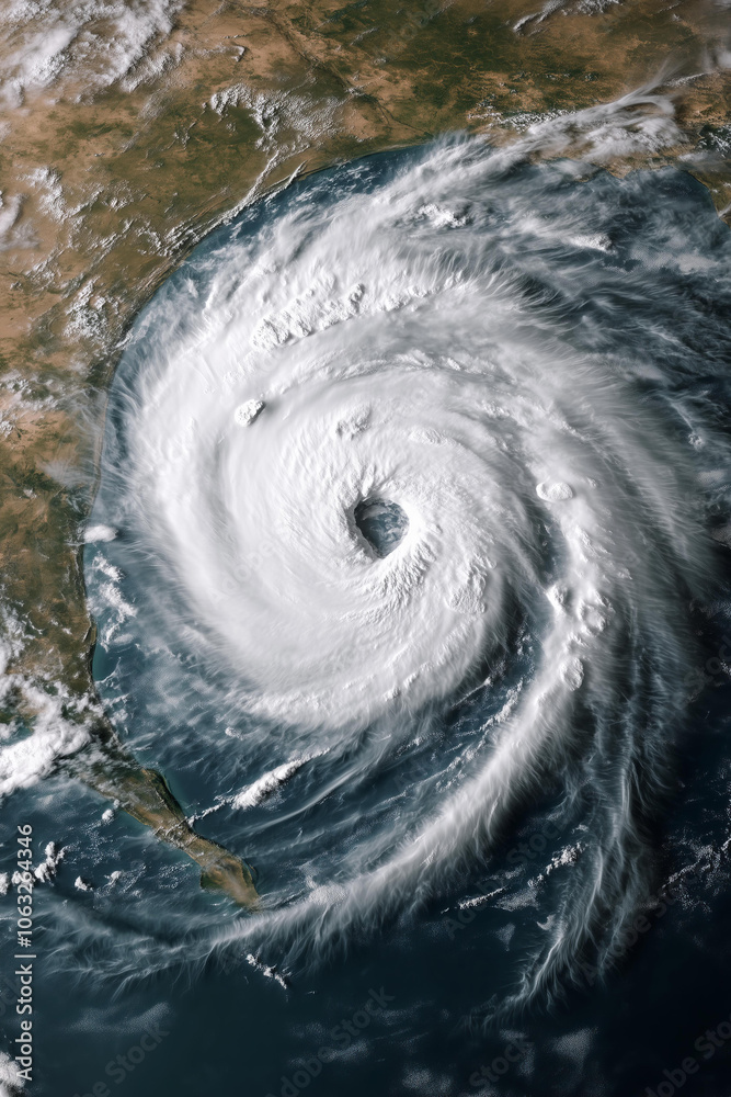 Realistic top-down view of a hurricane over Earth, with a visible eye ...