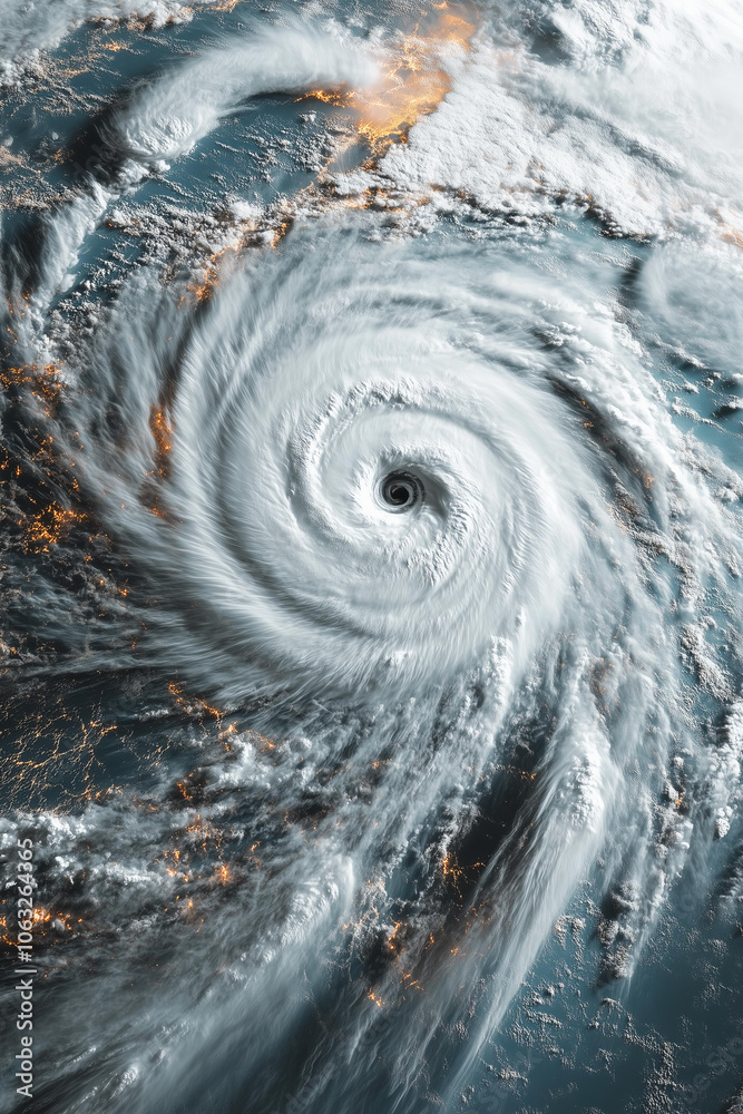 Realistic top-down view of a hurricane over Earth, with a visible eye ...
