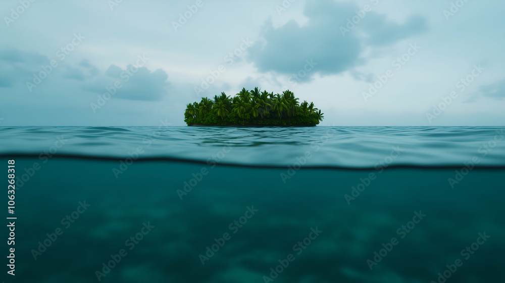 Tropical island split view with palm trees above and below the water ...