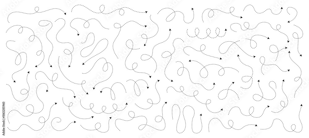 Collection of squiggle dash line direction arrows. Dashed line hand ...
