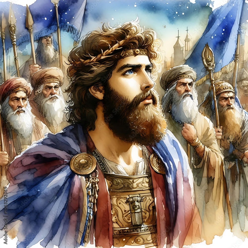 Watercolour illustration of King David, King of Israel. ancient bible ...