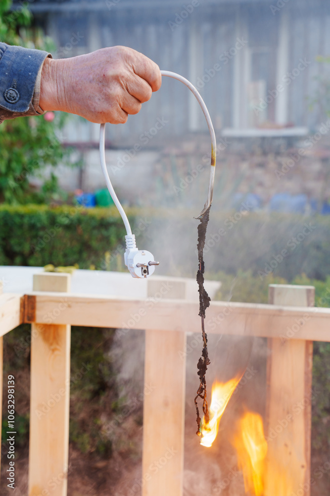 Fire on an electric wire with a plug in the hands of a man. fires due ...