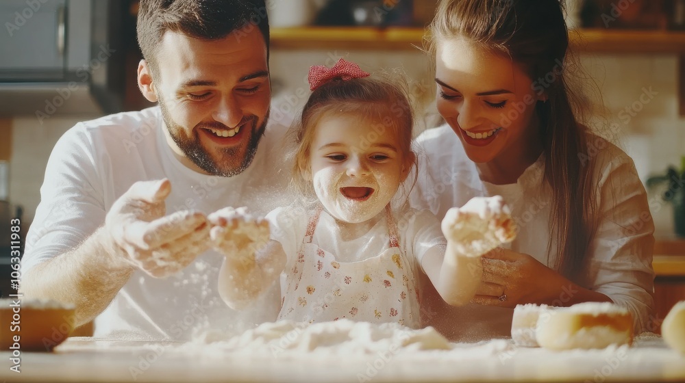 Baking, parents and child with flour on hands in kitchen for learning ...