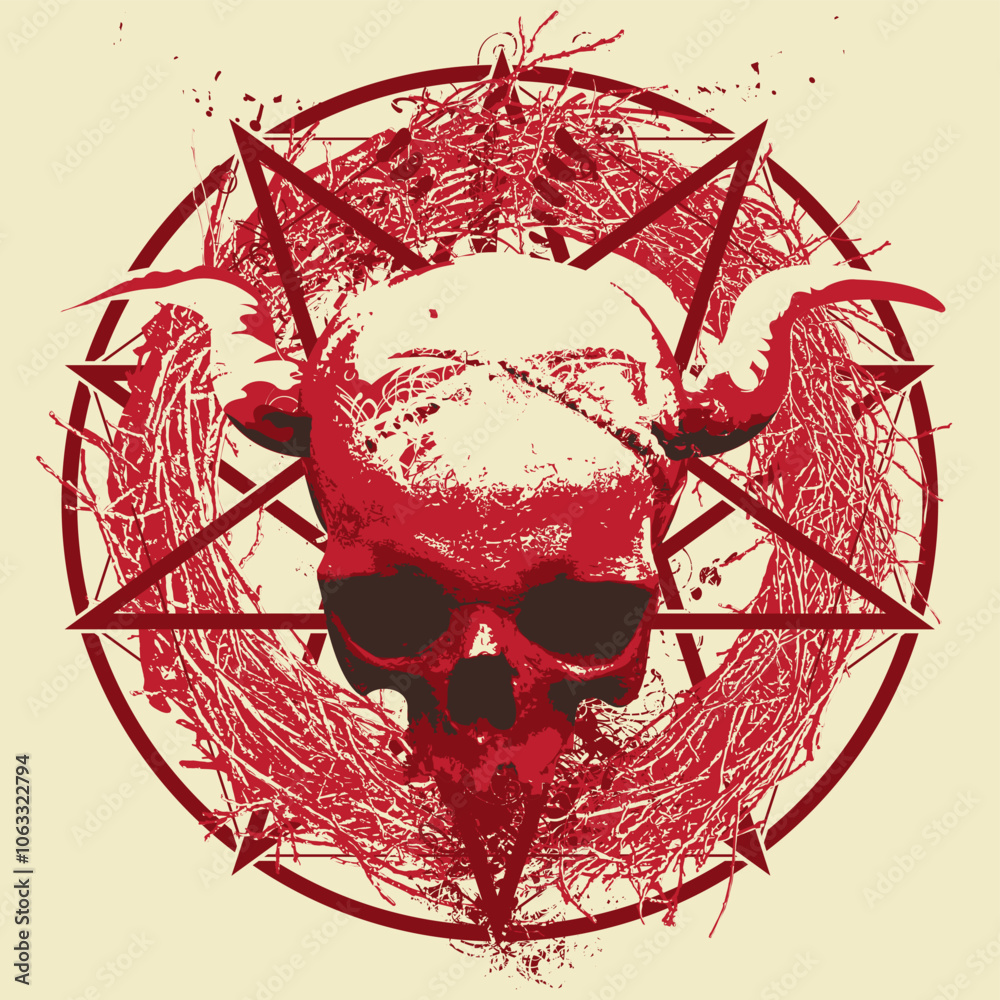 Vector illustration with people skull with horns, pentagram, occult and ...