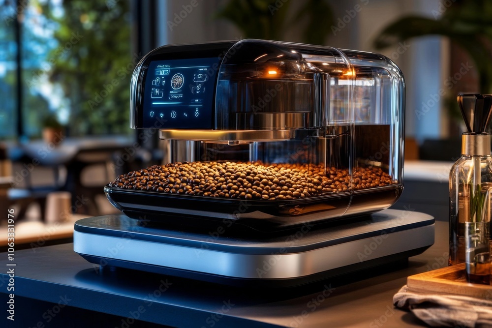 Futuristic coffee roaster with digital controls, roasting beans in a ...