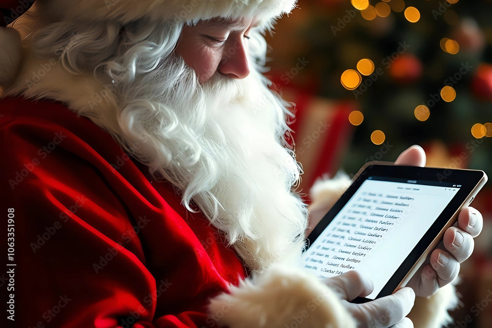 Santa Claus Using a Tablet to Read a Digital Version of His Naughty and ...