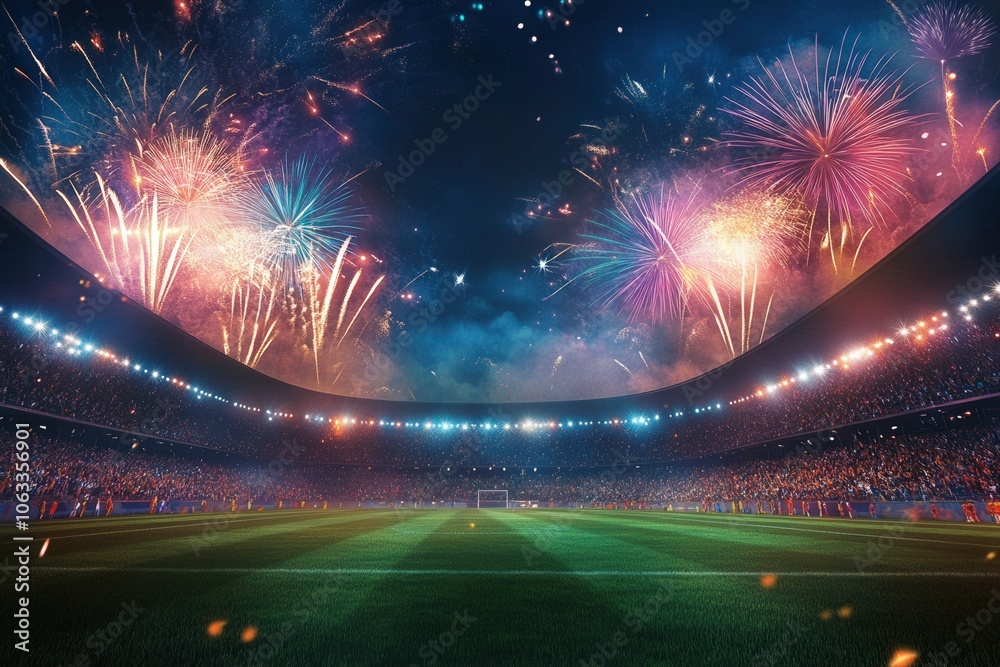 Colorful fireworks exploding over a football field in a crowded stadium ...