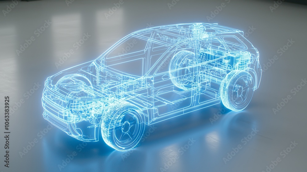 Holographic projection of a futuristic car blueprint, rotating and ...
