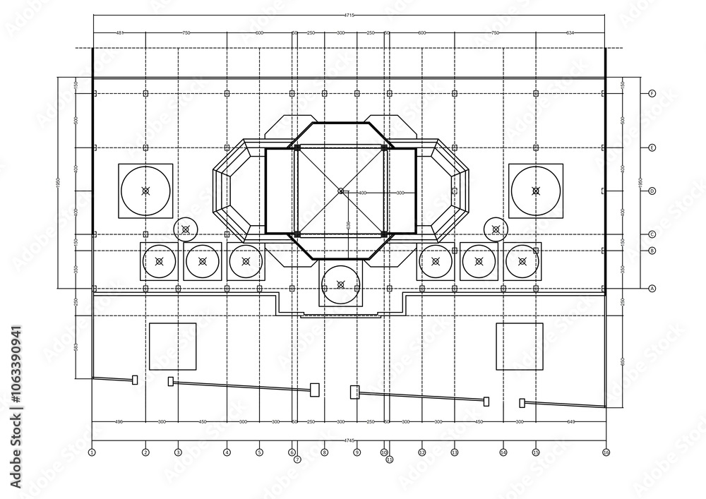 2D top view floor plan of a mosque dome roof with detailed notations ...