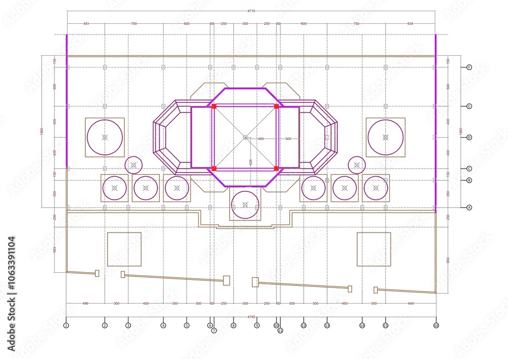 2D top view floor plan of a mosque dome roof with detailed notations ...