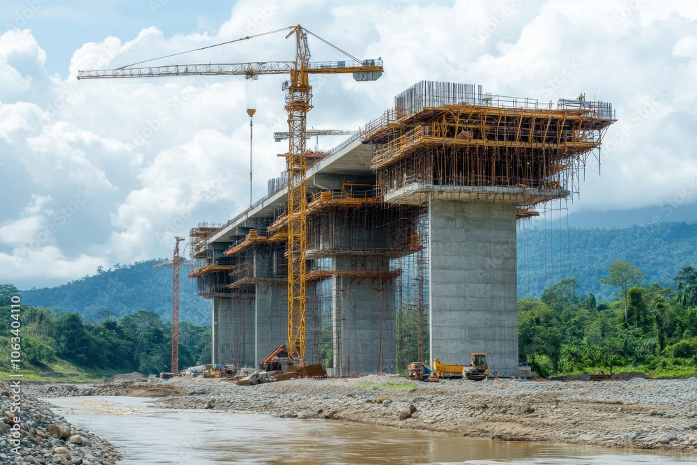 A concrete bridge under construction over a river, with cranes and ...