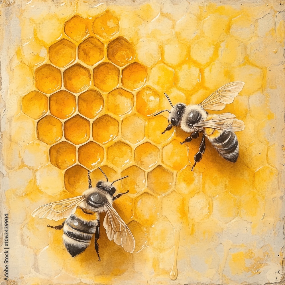 Whimsical watercolor cozy bees and honeycomb ,Honeybee and honeycomb ...